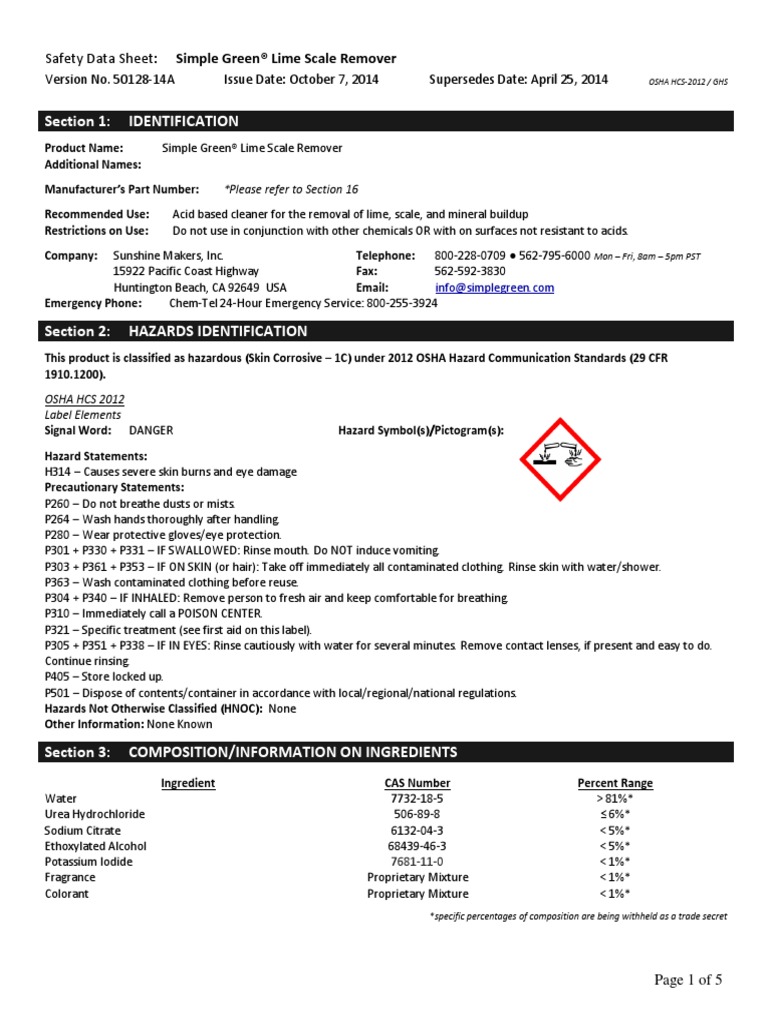SDS en-US SimpleGreenLimeScaleRemover | PDF | Toxicity | Personal ...