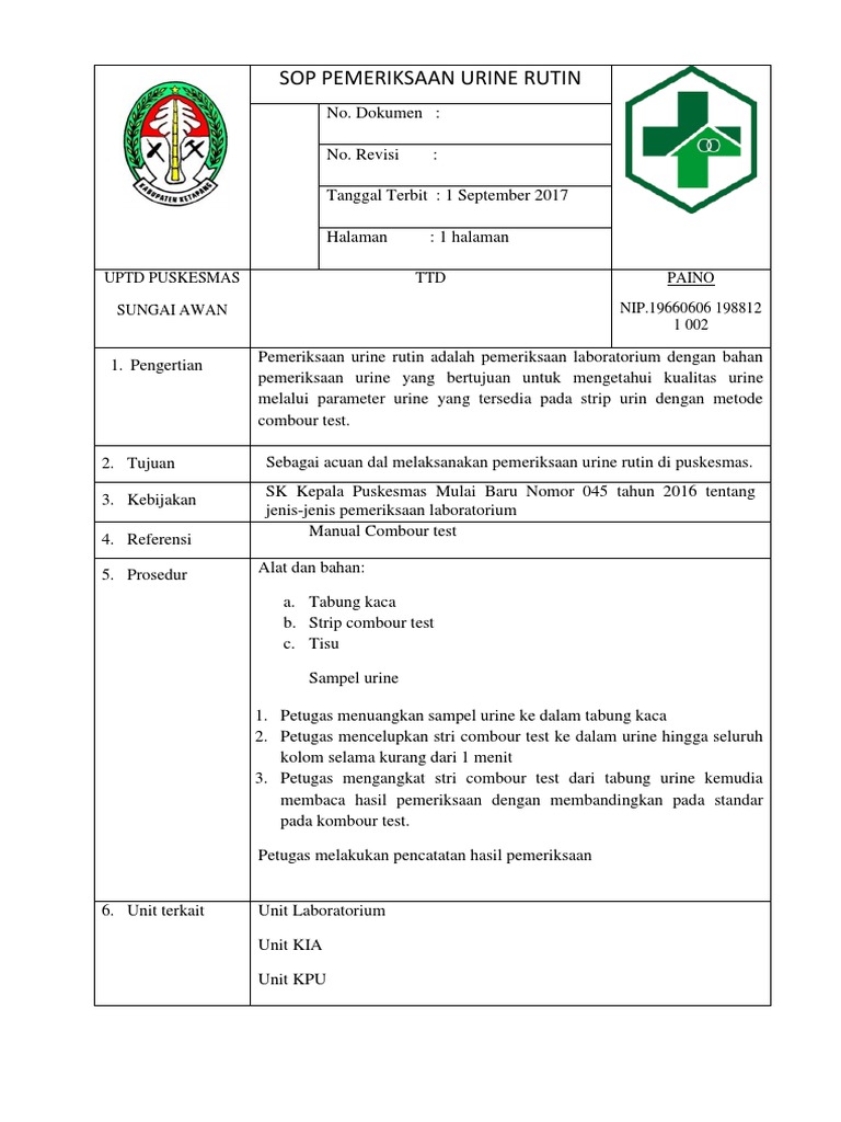 Sop Pemeriksaan Urine Ruitin | PDF