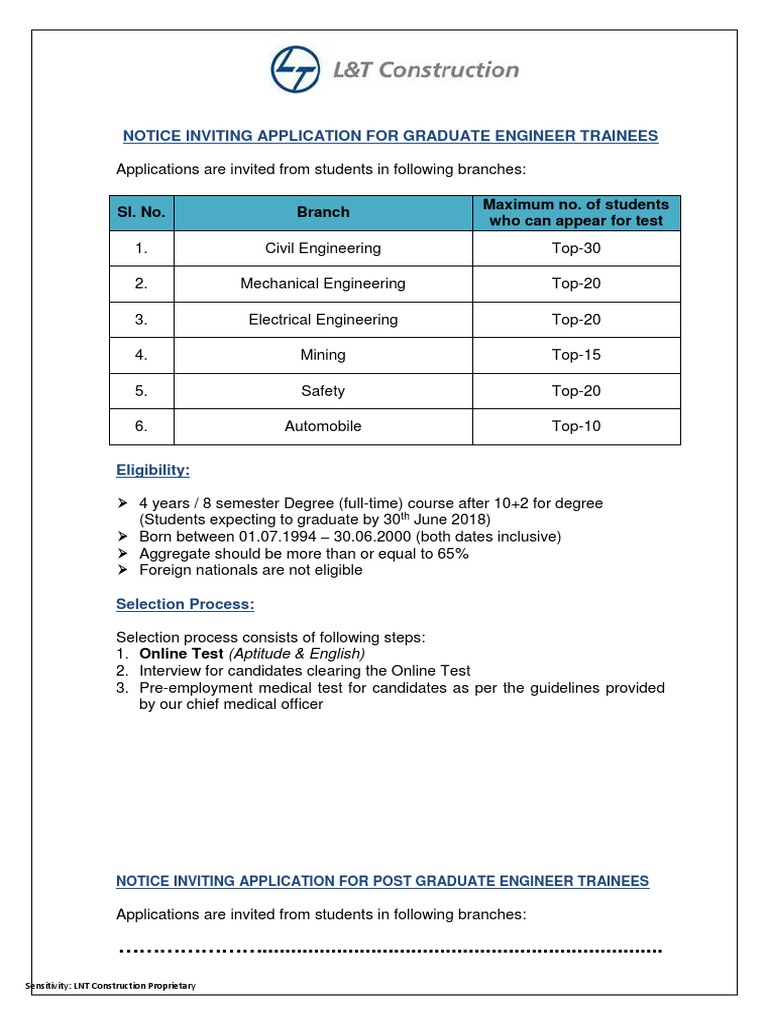 Notice Inviting Application For Graduate Engineer Trainees | PDF ...