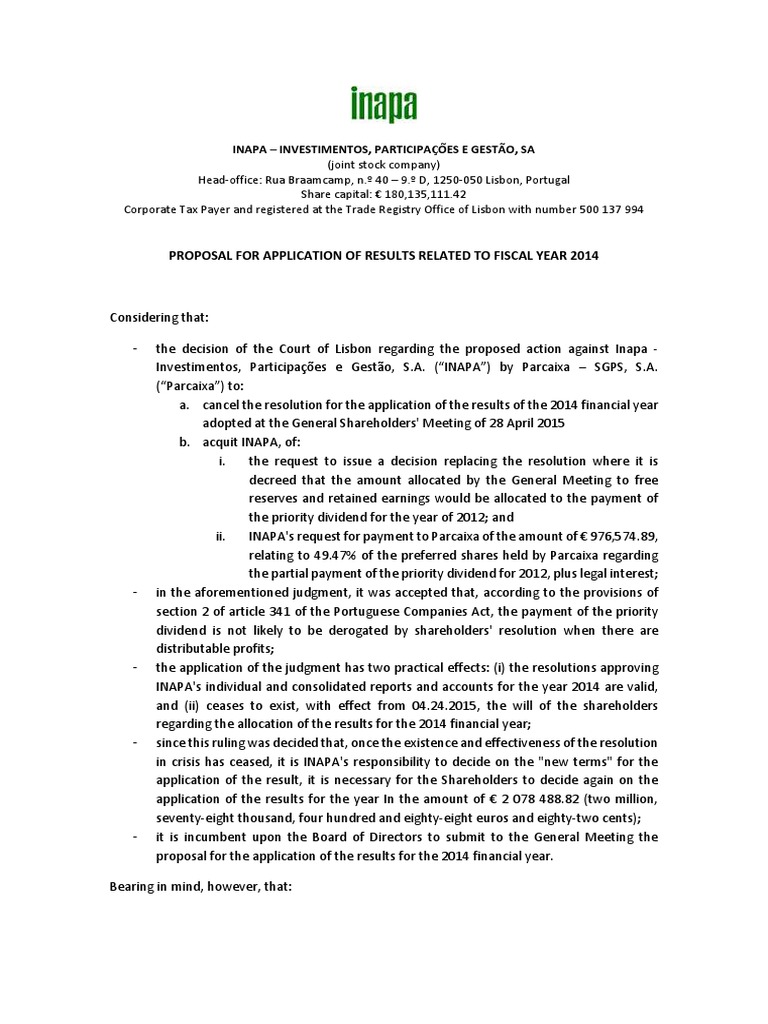 Proposal For Application of Results Related To Fiscal Year 2014 | PDF ...