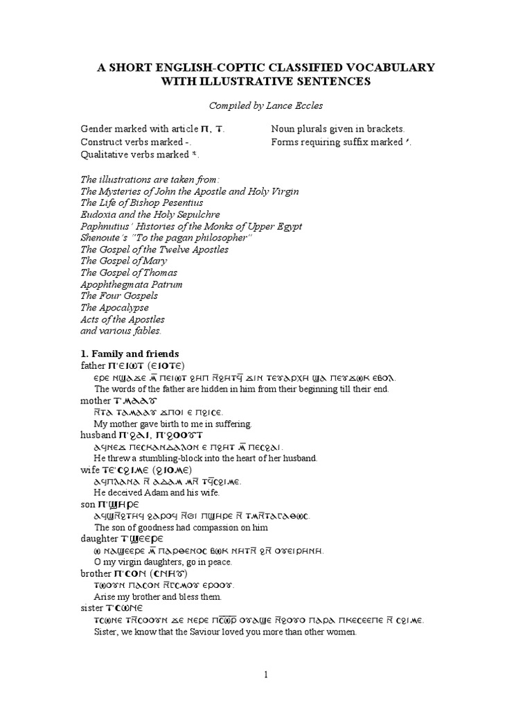 A Short English-Coptic Classified Vocabulary With Illustrative ...