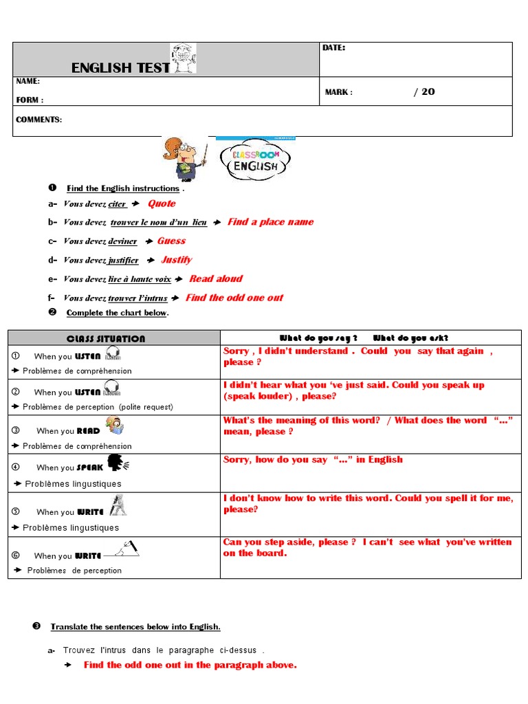 English Test Answer Key Classroom English | PDF | Langue anglaise ...