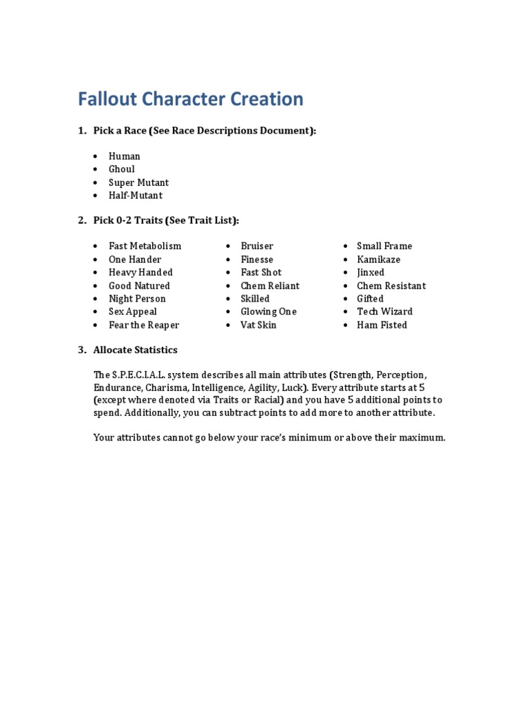 Character Creation - Fallout Character Creation Guide | PDF | Role ...