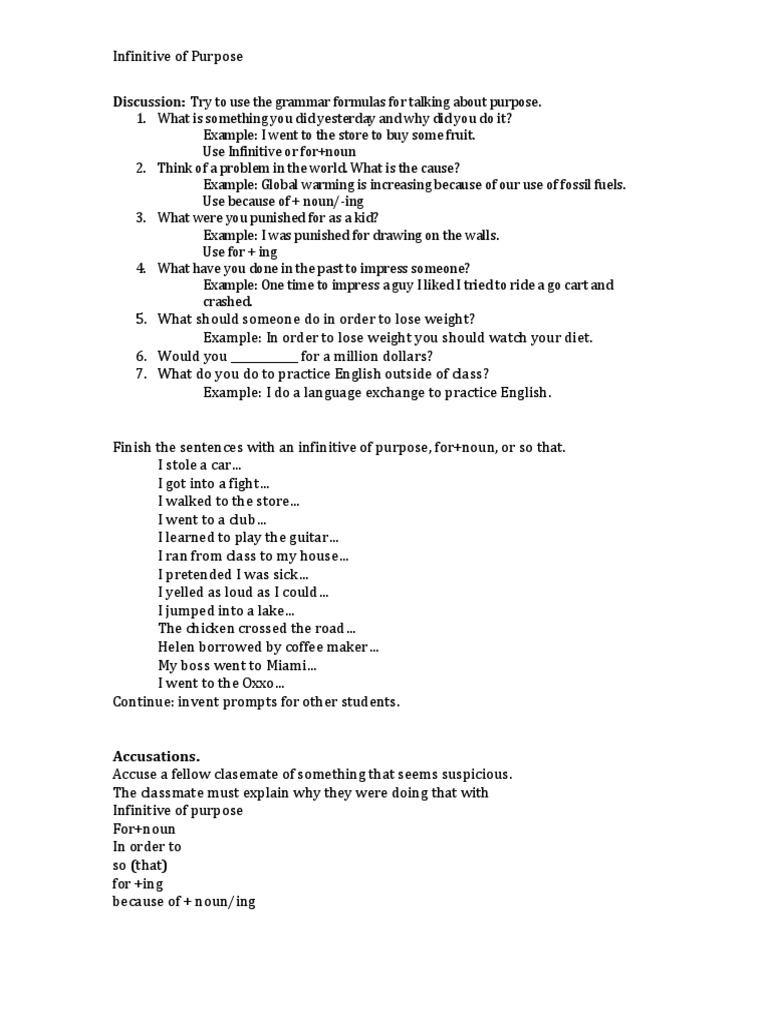 Infinitive of Purpose Activities | PDF | Onomastics | Language Mechanics