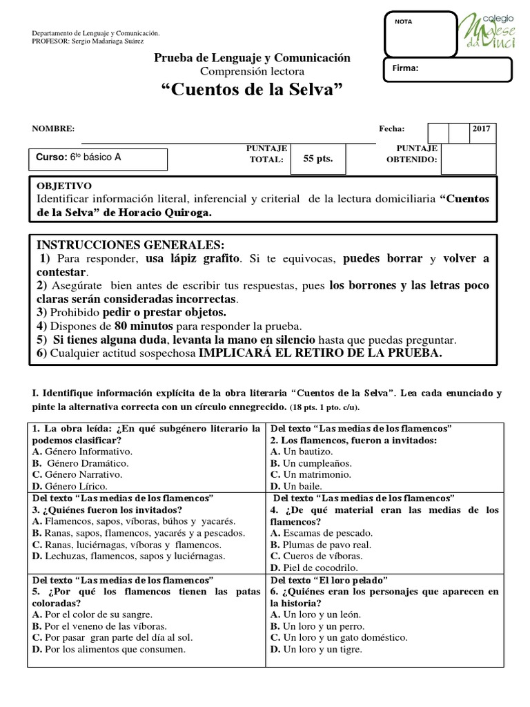 PRUEBA PLAN LECTOR 6° | PDF