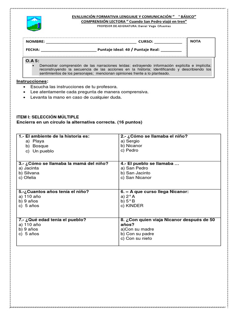 Evaluación Comprensión "San Pedro en Tren" | PDF
