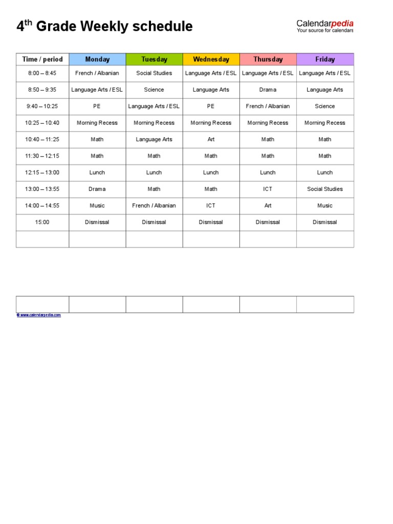 4 Grade Weekly Schedule: Time / Period Monday Tuesday Wednesday ...