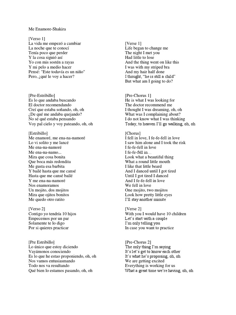 Me Enamore Shakira | Canciones | Composiciones Musicales