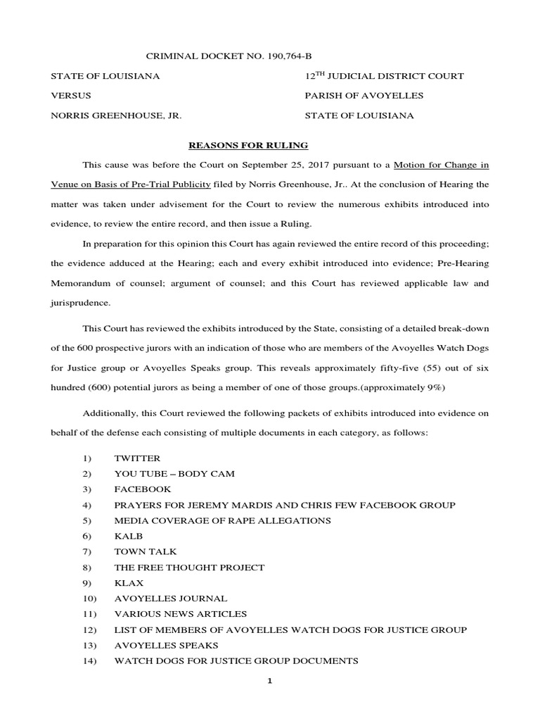 Norris Greenhouse Jr. Reasons For Ruling On Motion For Pretrial ...