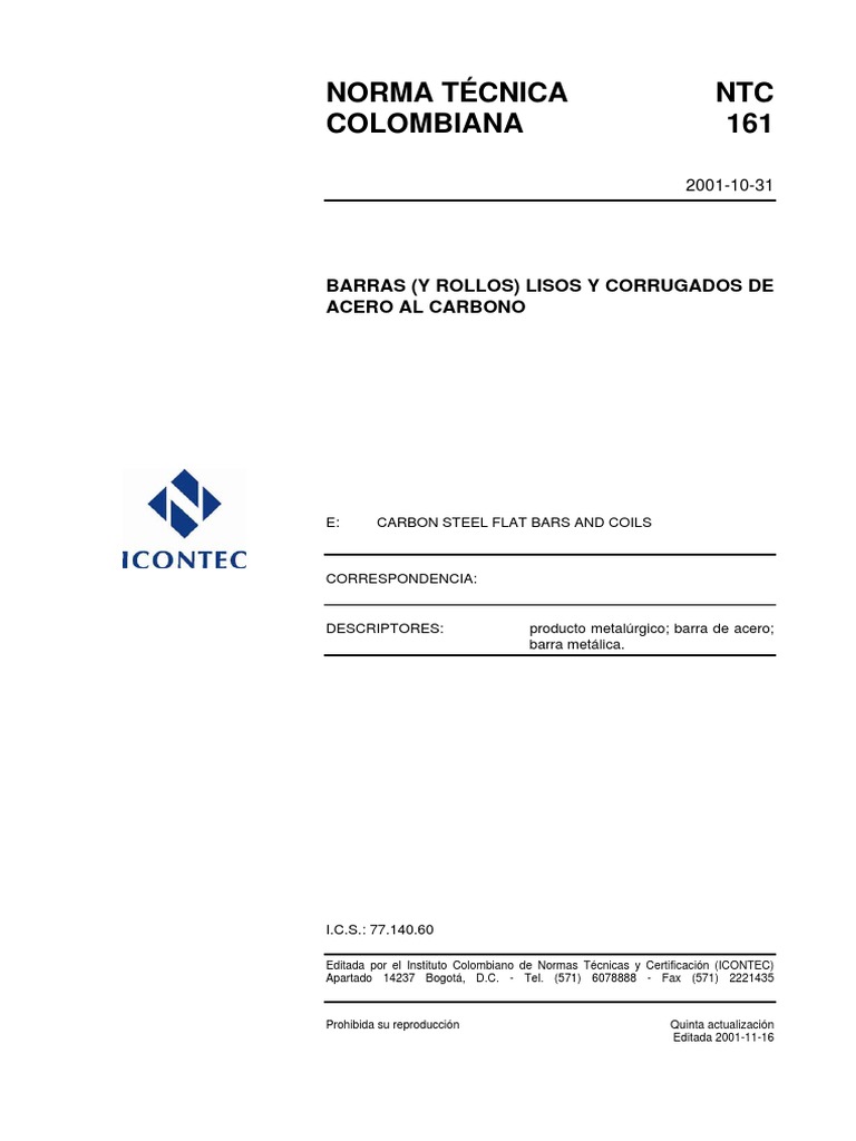NTC 161 Barras (Y Rollos) Lisos y Corrugados de Acero Al Carbono PDF | PDF