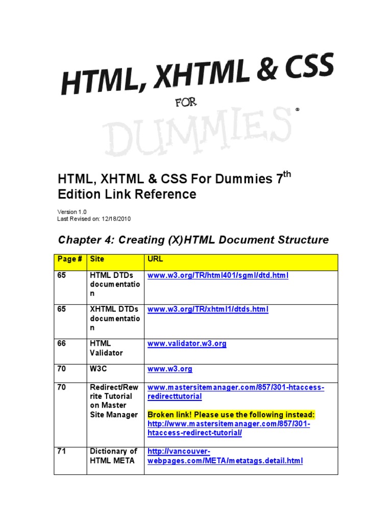 Html Xhtml And Css For Dummies 7 Edition Link Reference Chapter 4 Creating X Html Document 