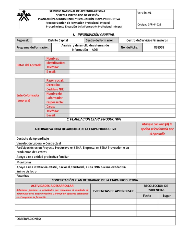F008 - P006-GFPI Planeacion Seguimiento Evaluac Etapa Productiva | PDF | Planificación | Calidad ...