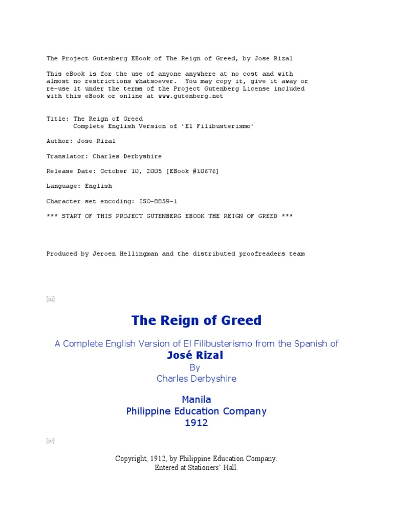 Reign of Greed El Filibusterismo English Version | PDF | Project Gutenberg