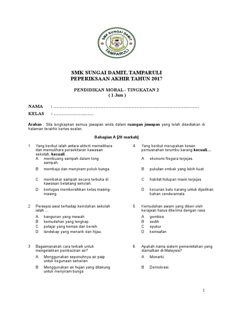 Peperiksaan Akhir Tahun Pendidikan Moral Tingkatan 2 | PDF