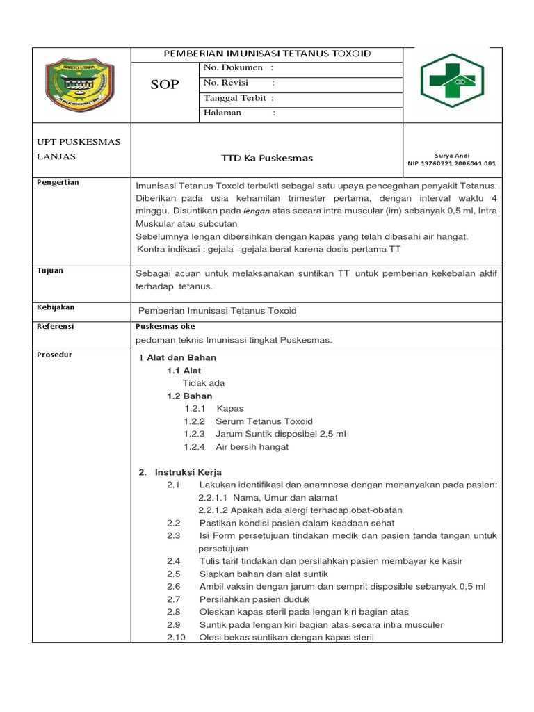 Sop Imunisasi Tetanus | PDF