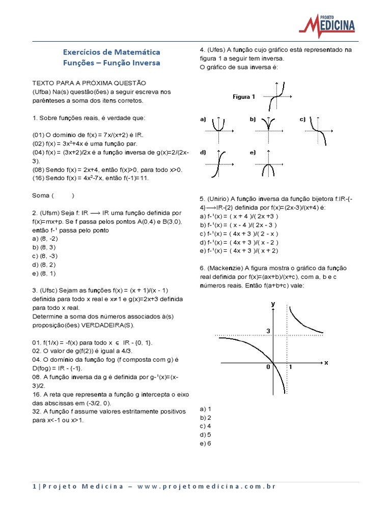 Função Inversa Exercícios | PDF | Função (Matemática) | Número real