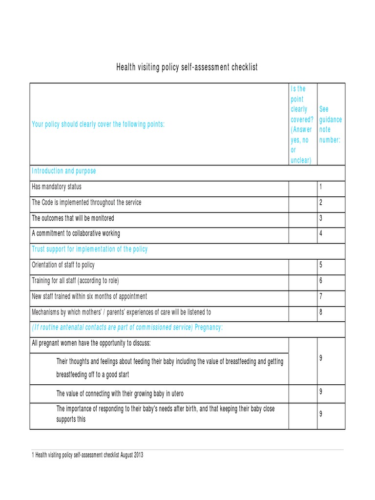 HV Policy Self-Assessment Checklist | PDF | Breastfeeding | Infants