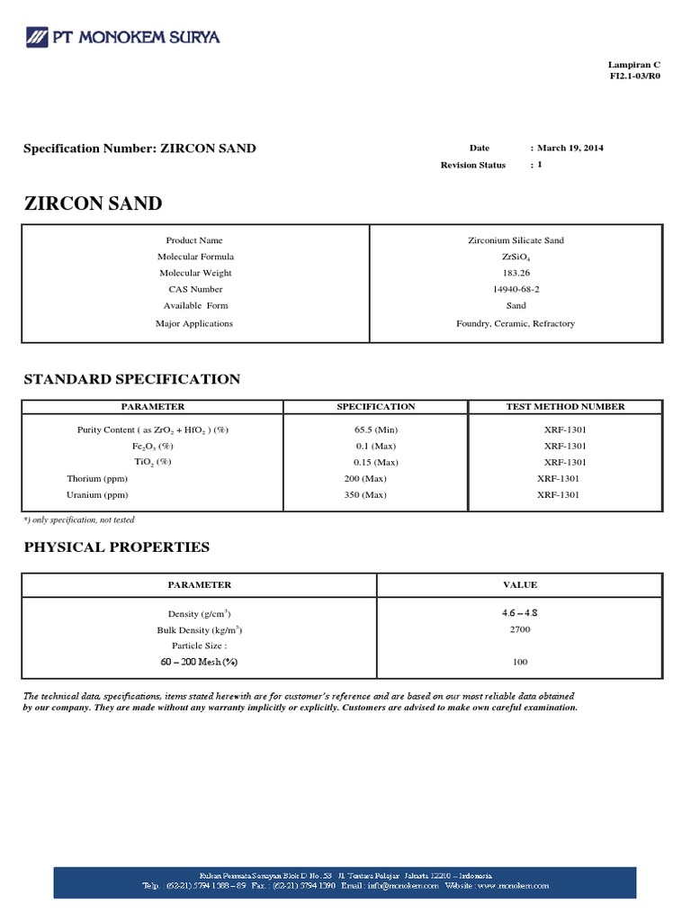 Zircon Sand Specification PDF | Download Free PDF | Chemistry | Materials