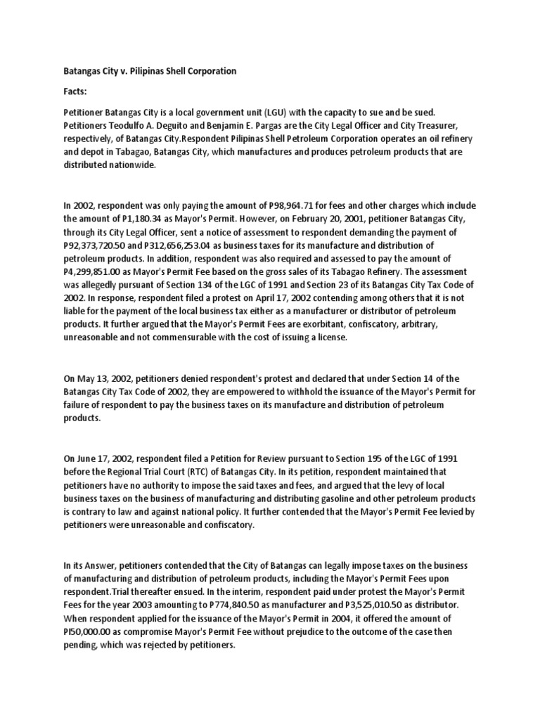 Batangas City v. Pilipinas Shell Corporation Facts | PDF | Excise ...