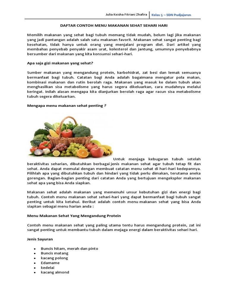 Daftar Contoh Menu Makanan Sehat Sehari Hari | PDF