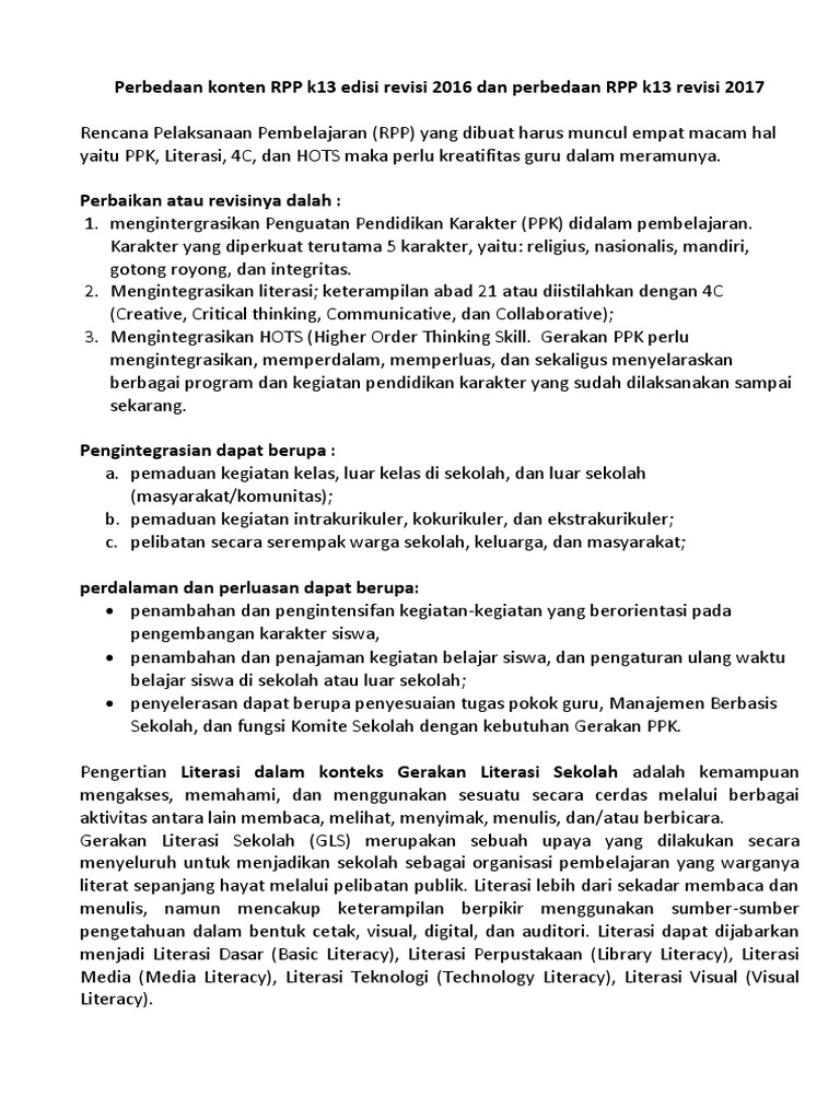 Perbandingan RPP K13 Revisi 2016 dan 2017 | PDF
