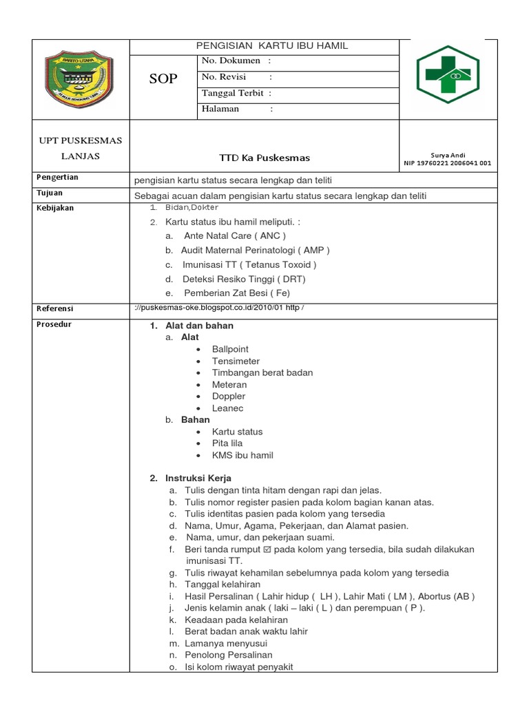 SOP Pengisian Kartu Ibu Hamil | PDF