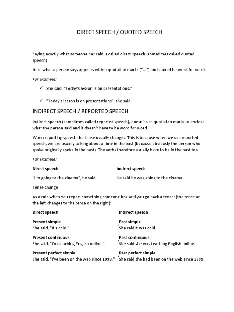 Direct Speech / Quoted Speech: For Example | PDF | Linguistic ...