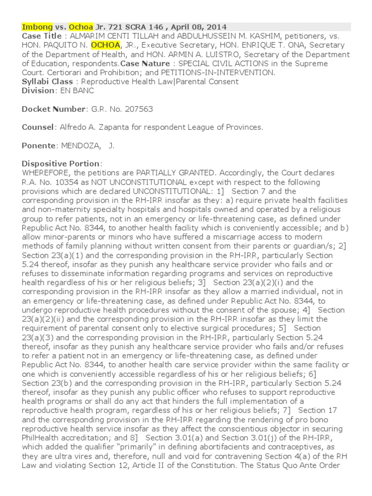 Imbong vs. Ochoa - SCRA Doctrine | PDF | Reproductive Health | Health Care