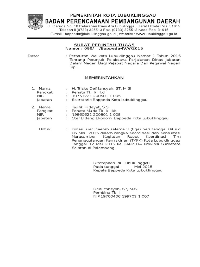 Surat Perintah Tugas Dinas Luar Daerah Kepala Bappeda Kota Lubuklinggau ...