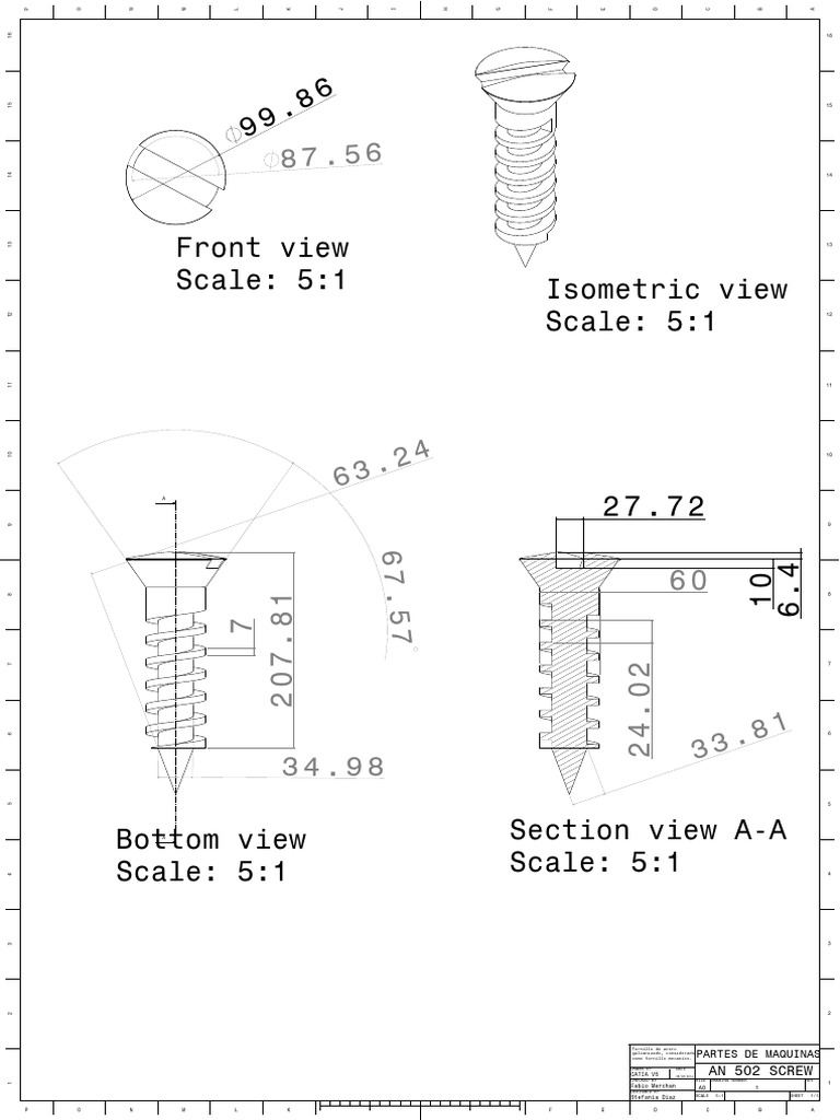 Detailed technical drawing of a galvanized steel screw with labeled ...