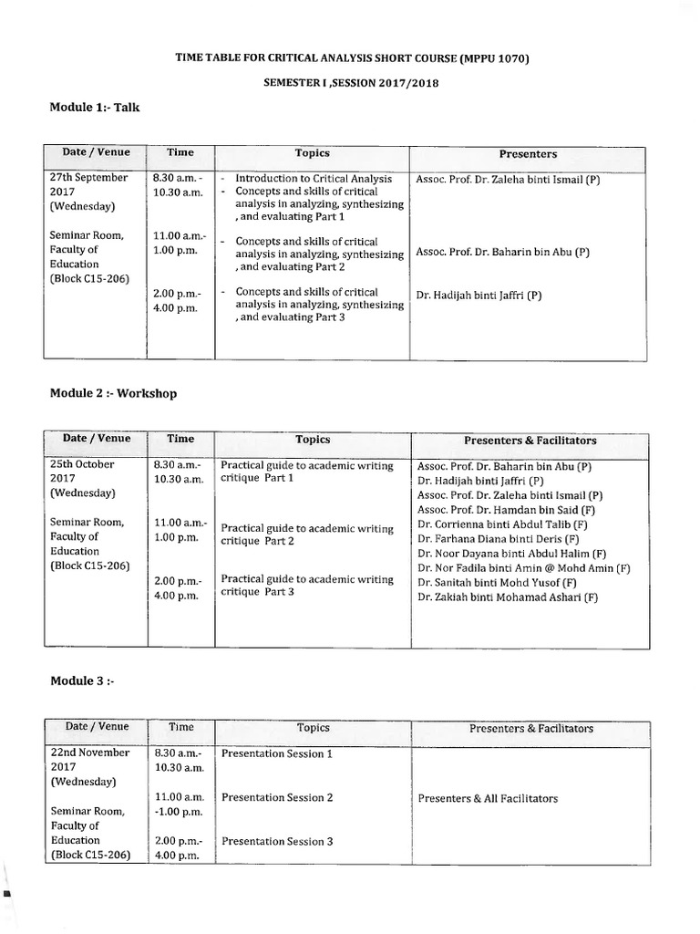 Critical Analysis Timetable | PDF