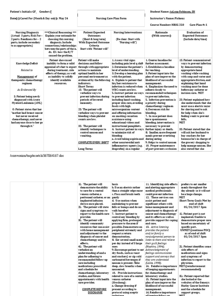 Chemotherapy Care Plan | PDF | Chemotherapy | Health Care