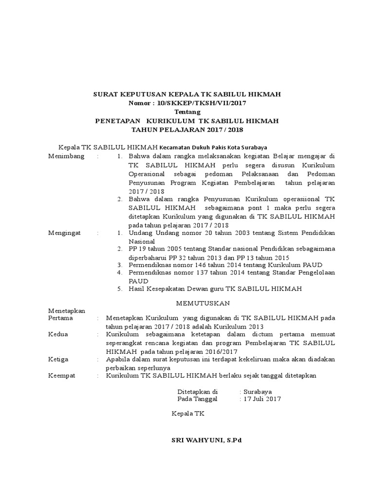 SK Penetapan Kurikulum | PDF