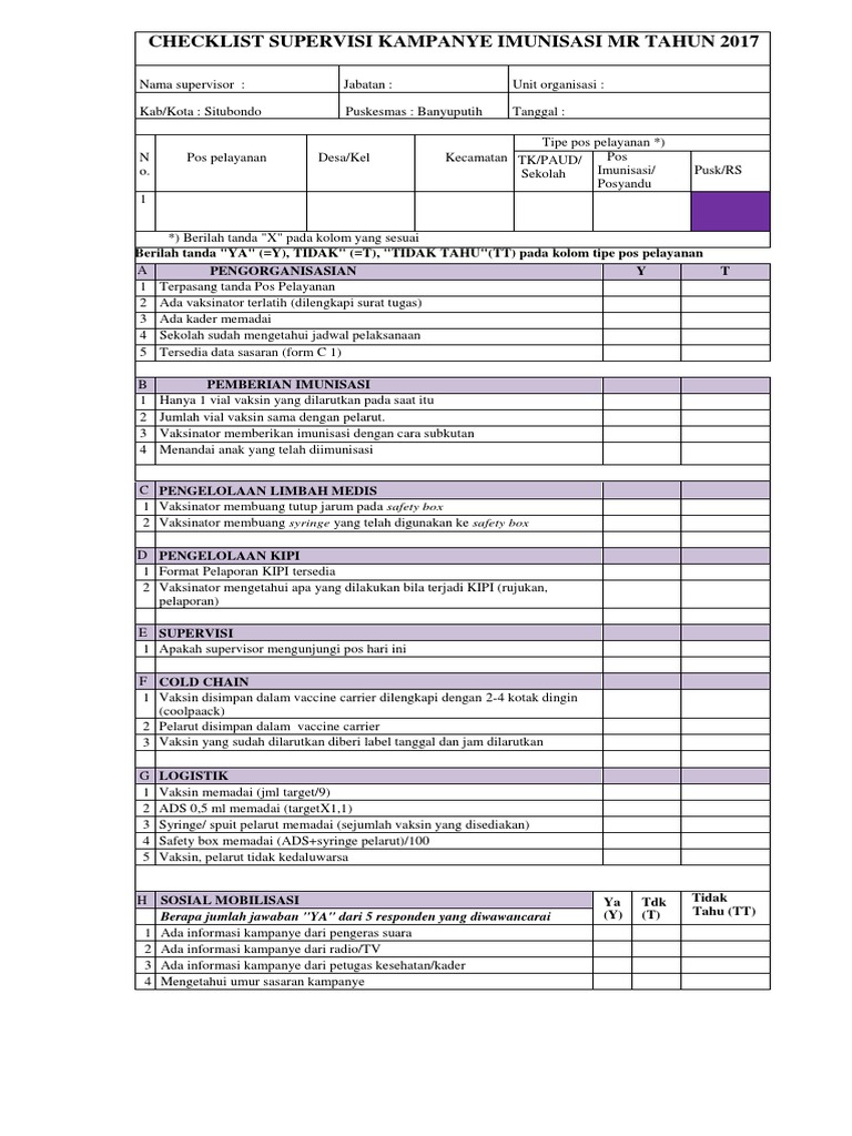 Checklist Supervisi Kampanye Imunisasi MR 2017 | PDF