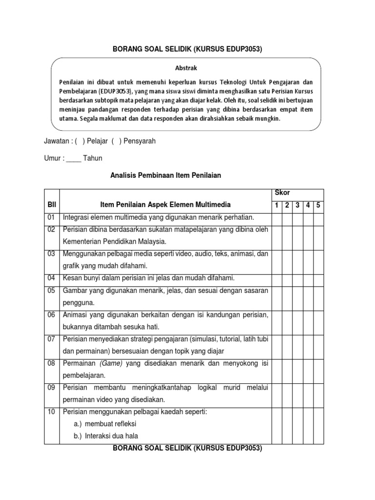 Borang Soal Selidik - Docx TMK | PDF