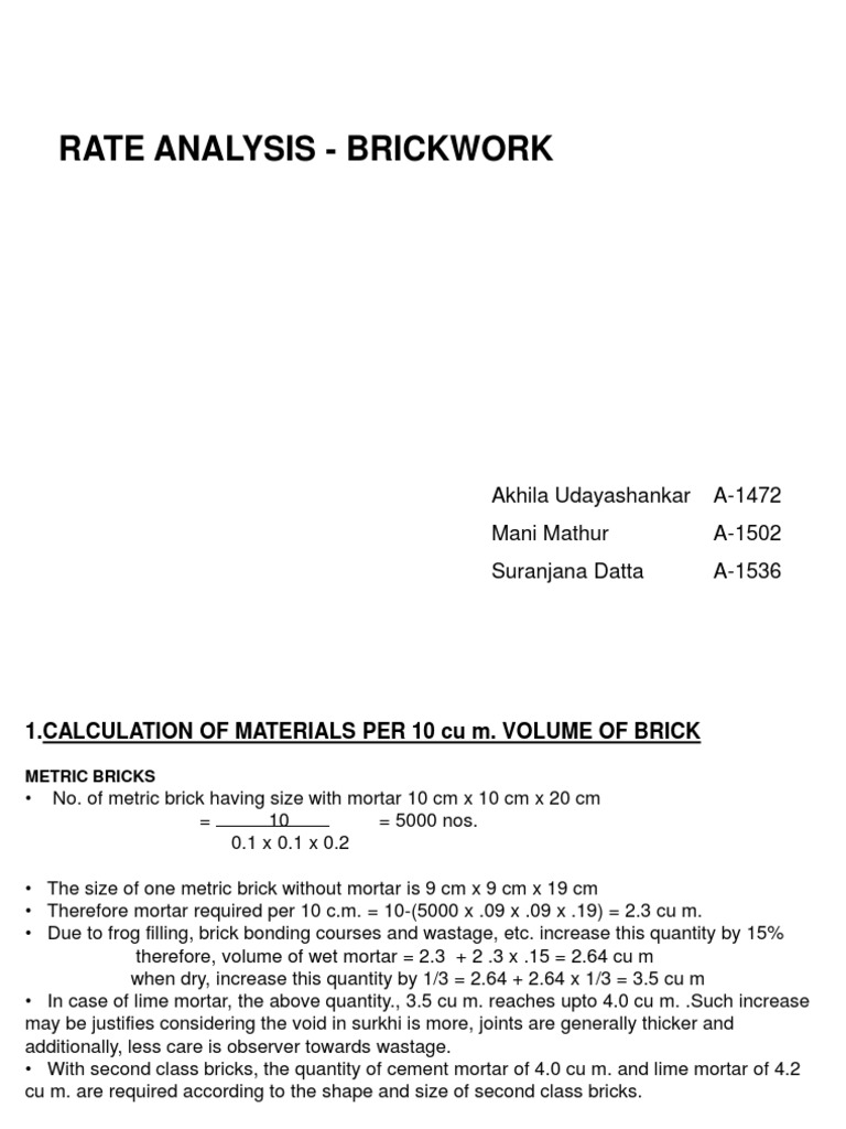 Rate Analysis Brickwork | PDF | Mortar (Masonry) | Brick