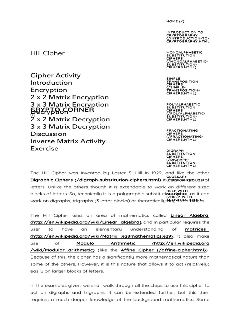 Hill Cipher - HTML | PDF | Cipher | Cryptography Hill Cipher - HTML | PDF | Cipher | Cryptography