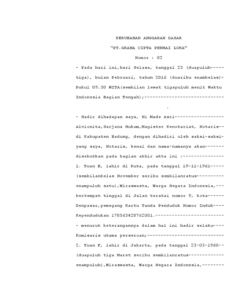 Contoh Akta Perubahan Anggaran Dasar | PDF