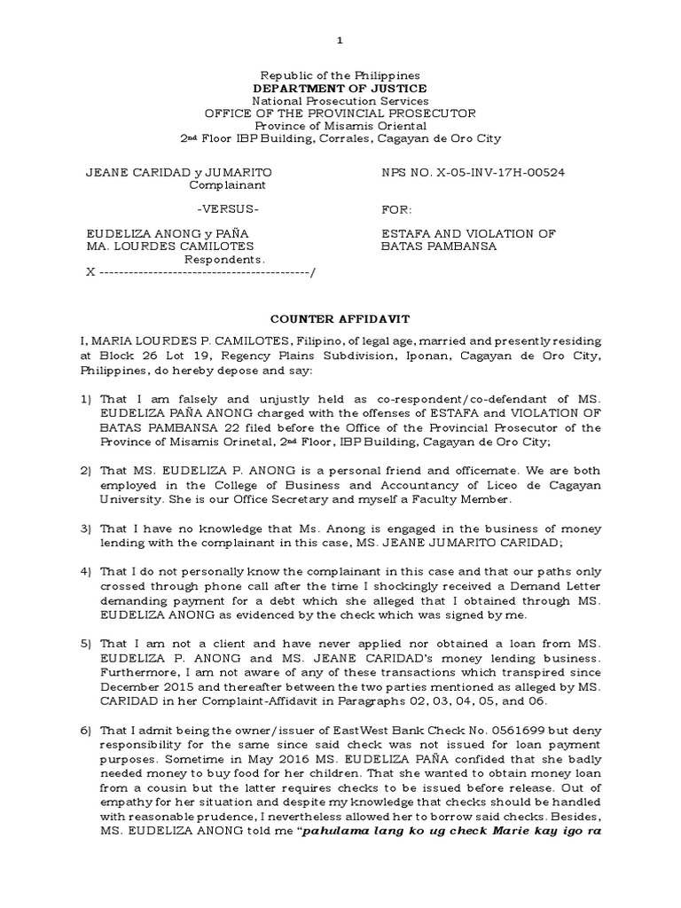 Counter Affidavit | PDF | Cheque | Common Law