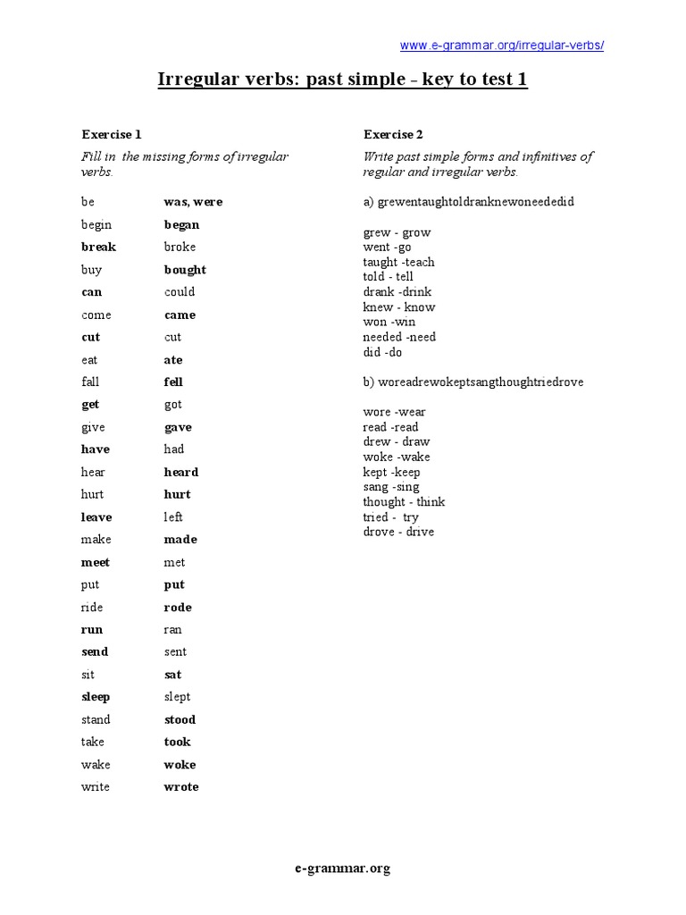 Irregular Verbs Key Test 1 PDF | PDF