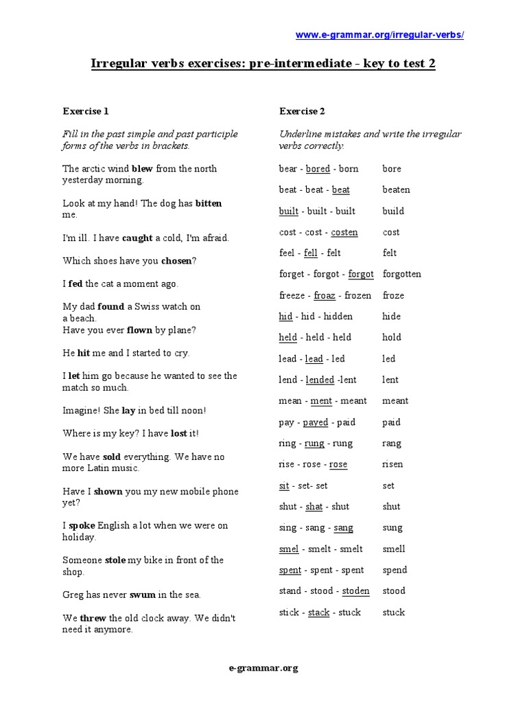 Irregular Verbs Key Test 2 PDF | PDF | Languages | Language Arts ...