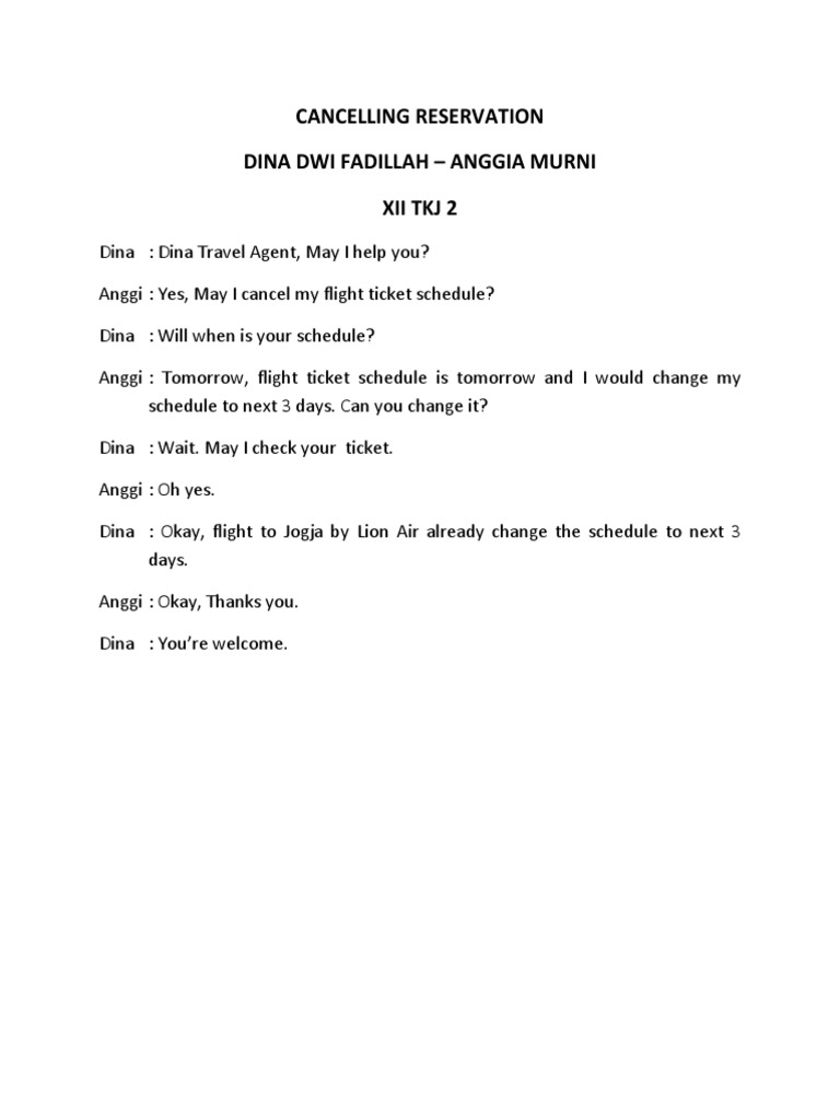 Cancelling Reservation Dina Dwi Fadillah - Anggia Murni Xii TKJ 2 | PDF