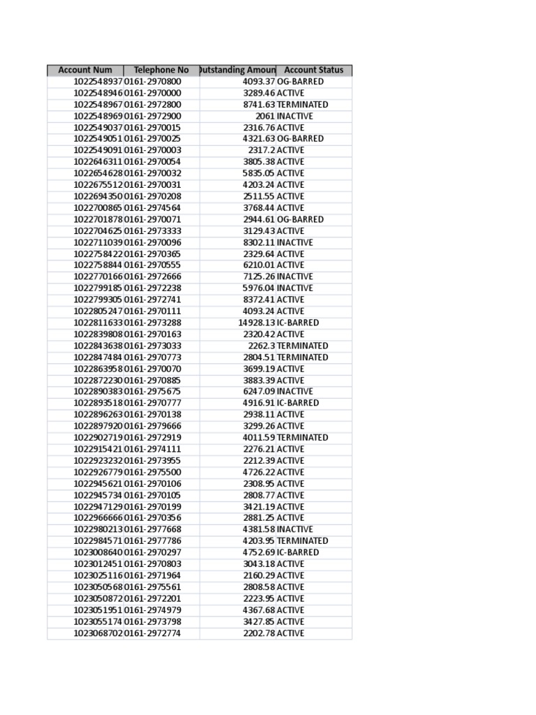 Detailed records of customer accounts including account numbers, phone ...