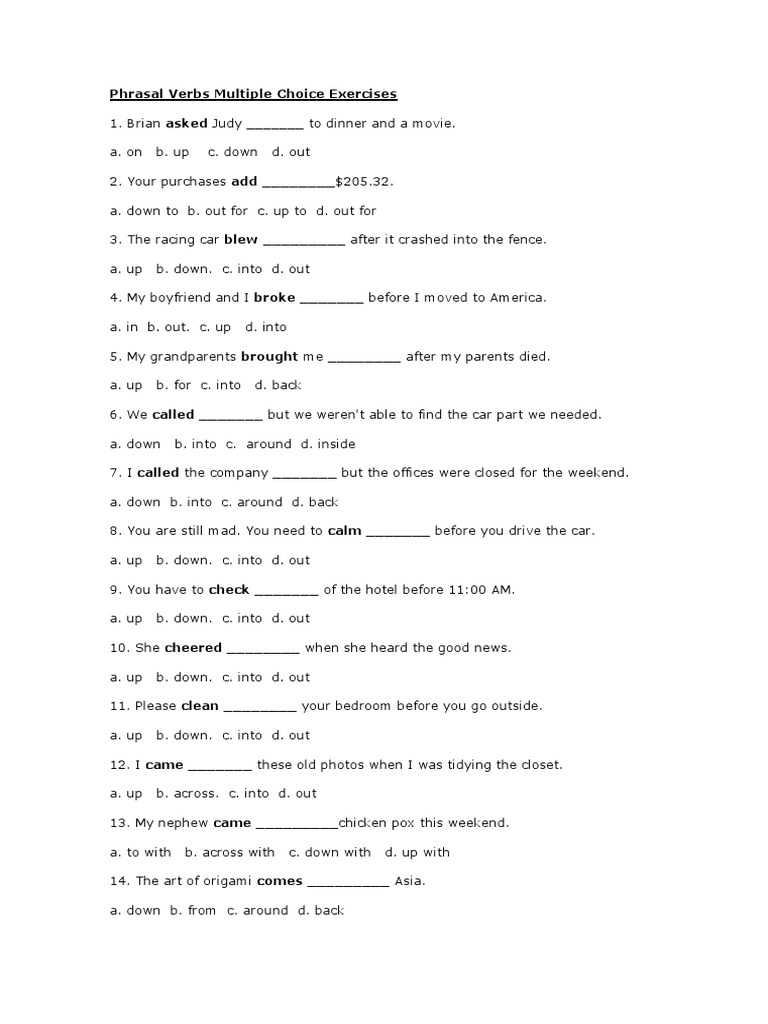 Phrasal Verbs Multiple Choice Exercises | PDF
