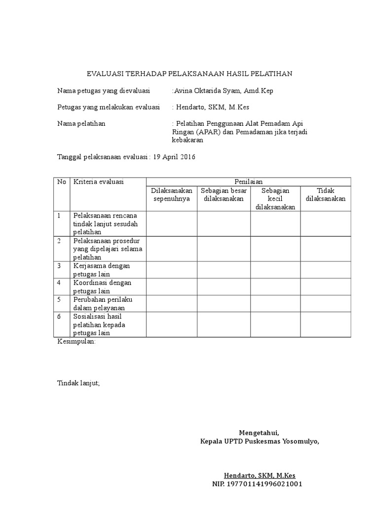 Contoh Evaluasi Terhadap Pelaksanaan Hasil Pelatihan | PDF