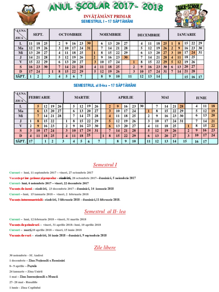 Calendar Semestru Învățământ Primar | PDF