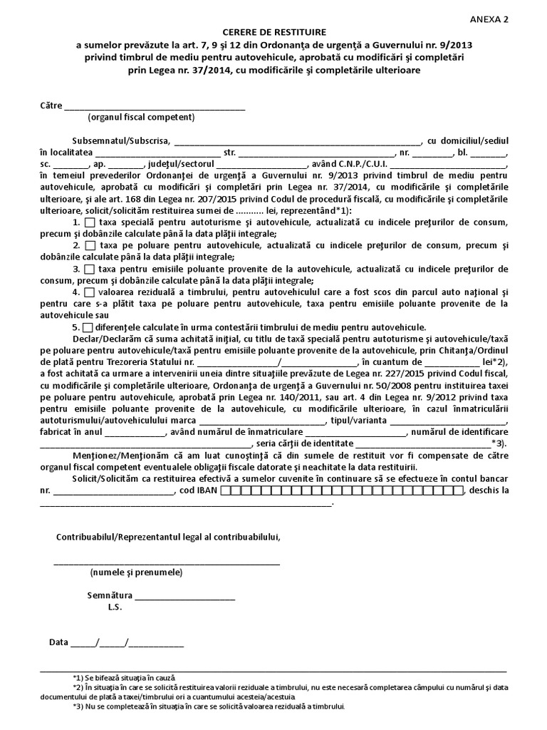 Cerere Restituire Taxa Timbru Mediu PDF | PDF