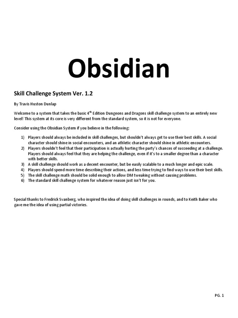 Obsidian Skill Challenge System v. 1.2 PDF | PDF