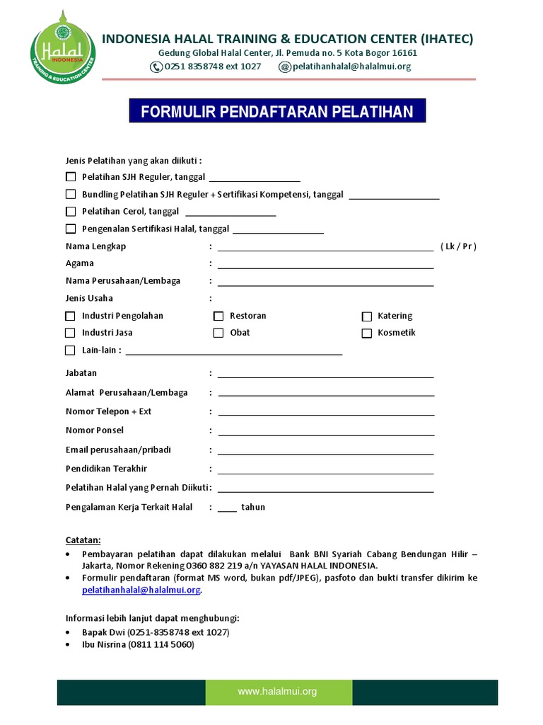 Form Pendaftaran Pelatihan IHATEC | PDF
