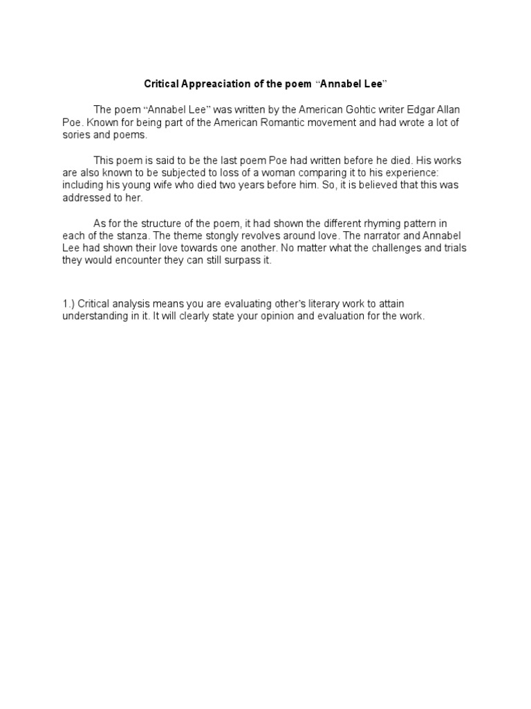 Critical Appreaciation of The Poem Annabel Lee | PDF